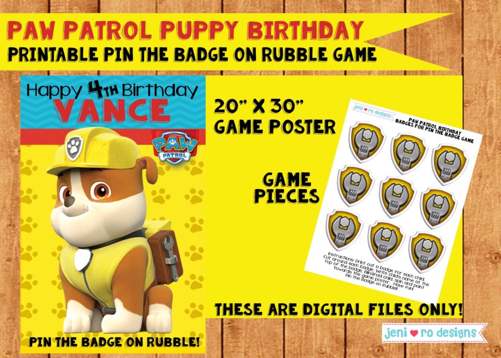 Paw Patrol - Pin the Badge on Rubble Printable Game • jeni ro designs