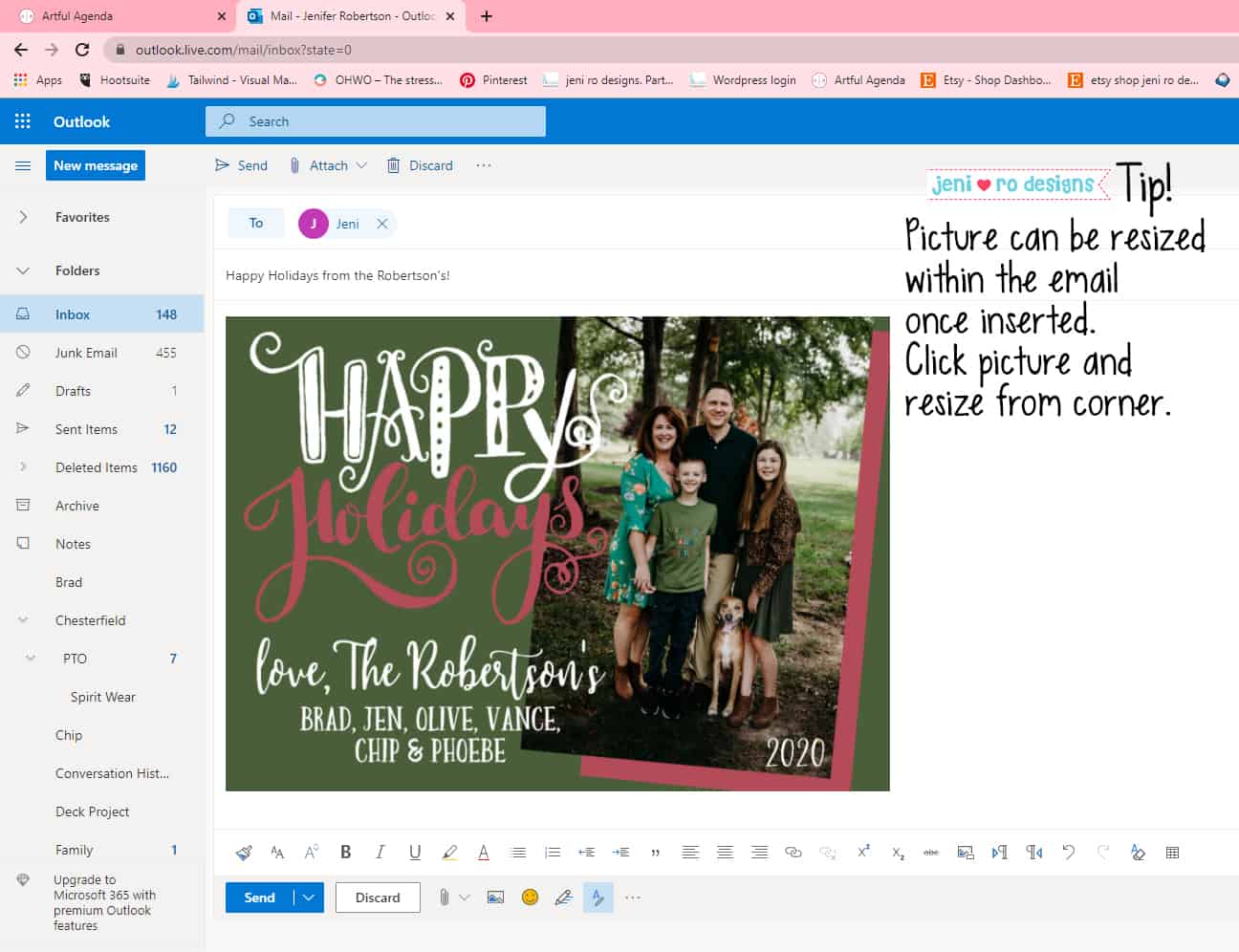 How to embed your printable digital holiday card into an email message.