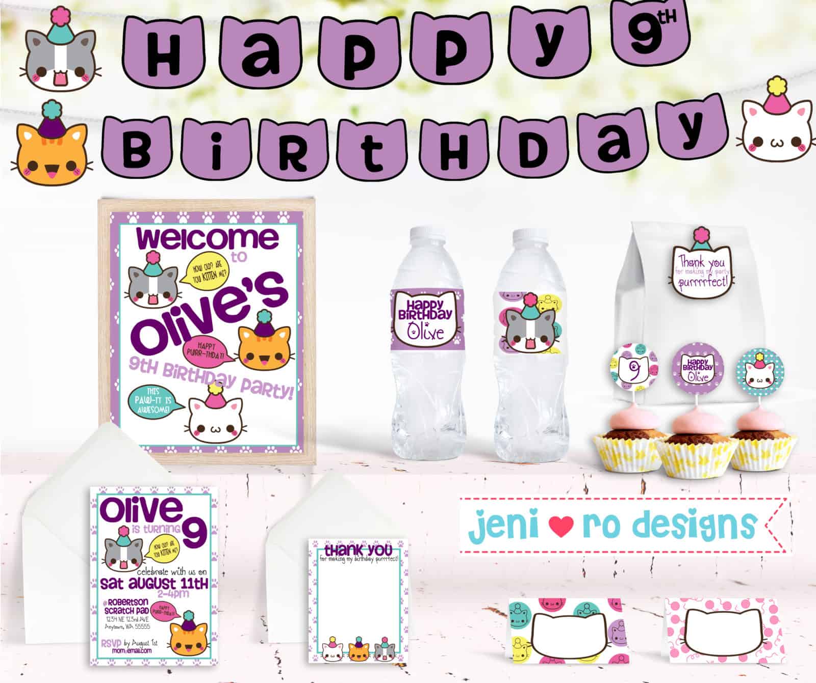 Cat themed birthday printable sets for National Cat Day!