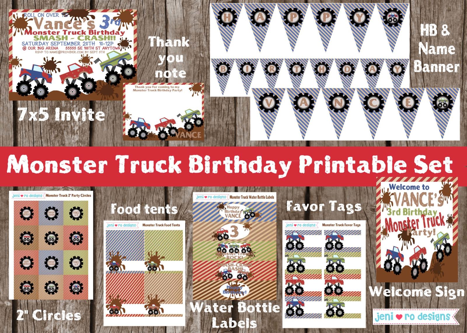 Monster Truck Birthday, Printable Party decor set, Monster trucks, big ...